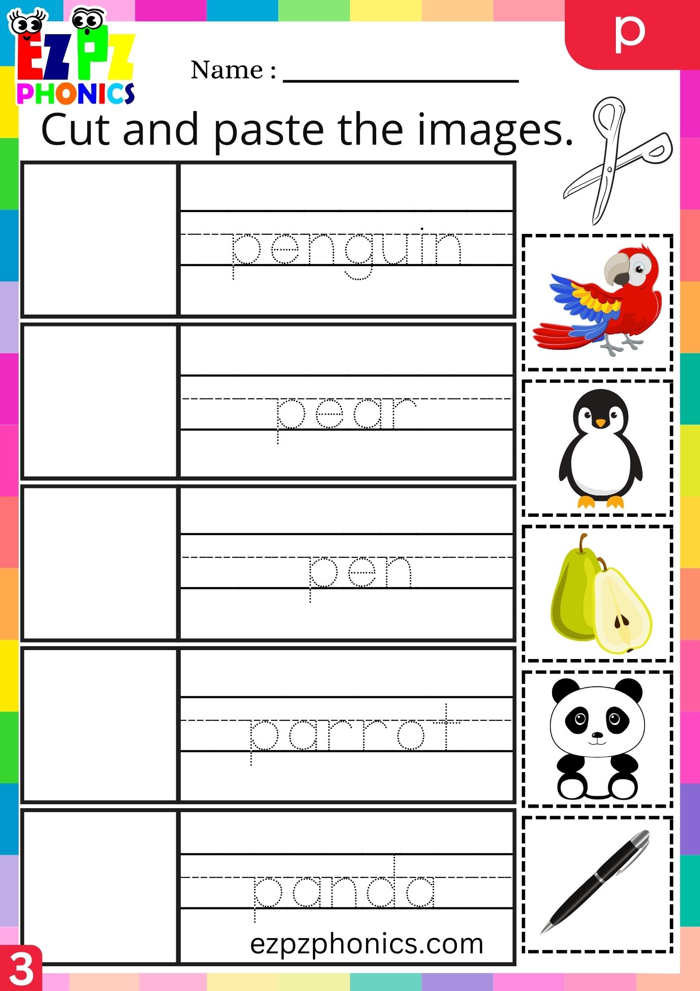 Letter p Cut and Paste the Images and Write the Words Group 3 - ezpzphonics.com